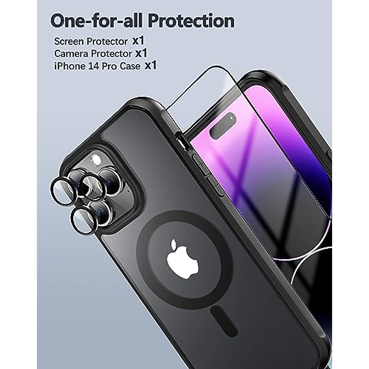 TXXTOL 3 in 1 Magnetic iPhone 14 Pro Case Compatible with Magsafe iPhone 14 pro Case Magsafe+ Screen Protector + Camera Lens Protector Raised Edges Protect Camera and Screen Black+Clear 6.1 Inch