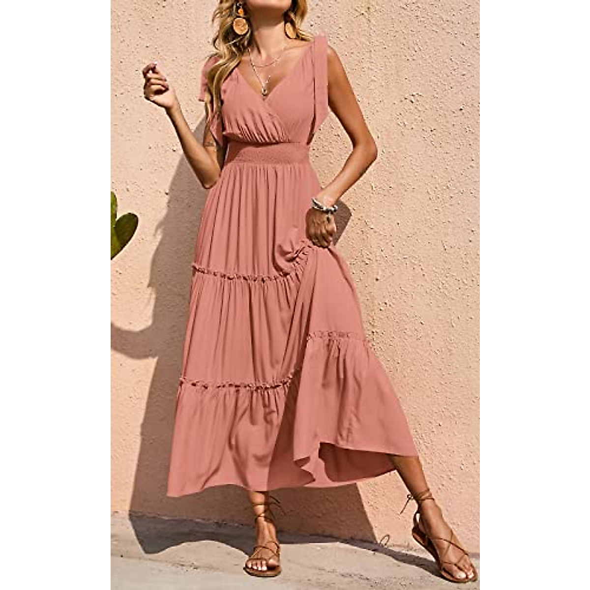 PRETTYGARDEN Women's Cross Neck Summer Sleeveless Tiered Maxi Dress Beach Tie Strap Smocked Long Dresses Pleated Sundress (Nude Pink,Medium)