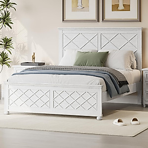 Merax Coastal Farmhouse Solid Wood King Size Bed Frame, Vintage Platform Bedframe with Slatted Headboard and Round Leg, Antique White