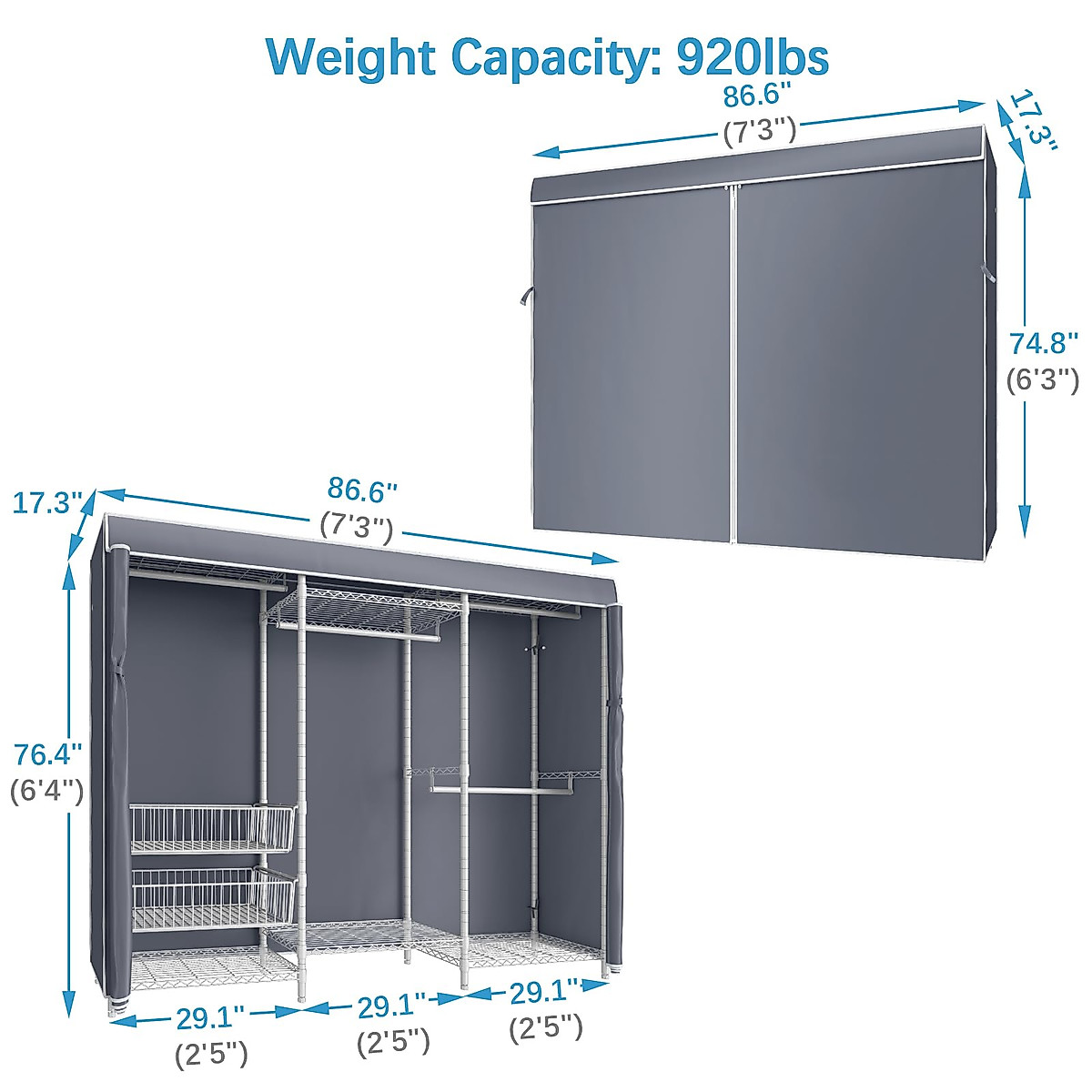 VIPEK V10C Plus Portable Closet Heavy Duty Clothes Rack with Slid Basket, Covered Wardrobe Closet, Adjustable Closet Storage Rack, White Clothing Rack with Grey Oxford Fabric Cover 86.6"Lx17.3Wx76.4 H