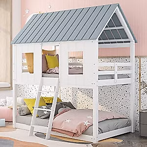Bunk Bed Twin Over Twin , House Bed for Kids with Roof and Windows,Wood Low House Bunk Beds with Guard Rails for Toddlers ,White