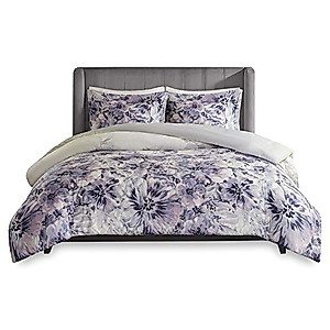 Madison Park Enza 100% Cotton Duvet Beautiful Floral Design All Season, Breathable Comforter Cover Bedding Set, Matching Shams, Full/Queen(90"x90"), Purple 3 Piece
