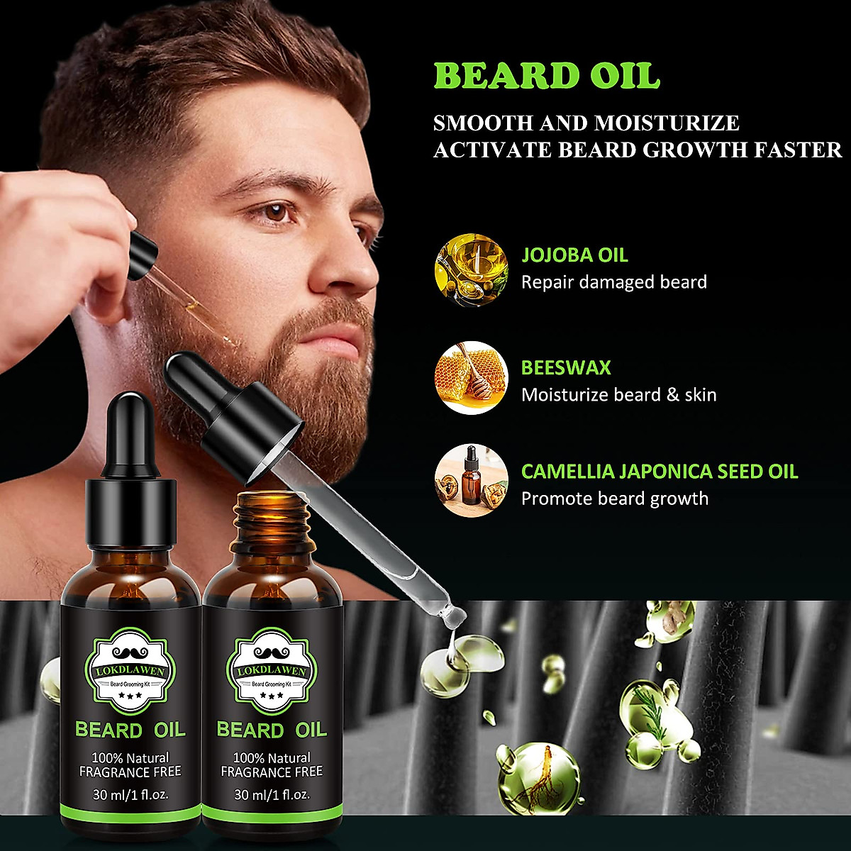 LOKDLAWEN Beard Kit for Men with Beard Wash, Beard Conditioner, Beard Oil, Beard Balm, Beard Brush, Beard Comb, Beard Scissors, Storage Bag, Gifts for Men Dad Husband Boyfriend