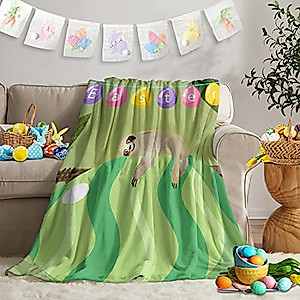Throw Blankets Cute Sloth with Colorful Easter Eggs Fuzzy Soft Bed Cover Bedspread Microfiber Luxury Blanket for Travel Stadium Camping Couch Sofa Chair Green