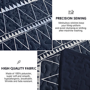 WONGS BEDDING Navy Blue Quilt King Size, Boho Striped Triangle Bedding Bedspread Coverlet Set, Microfiber Lightweight Bohemian Quilt Set for All Season 3 Pieces 90x104 in