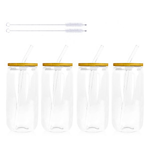 Sohapy Drinking Glasses 4pcs Set, Can Shaped Cups with Bamboo Lids and Glass Straw, 16oz Beer Glasses, Tumbler Cup, Wine Whiskey Cups Iced Coffee Glasses, Ideal for Cocktail, Gift - 2 Cleaning (4)