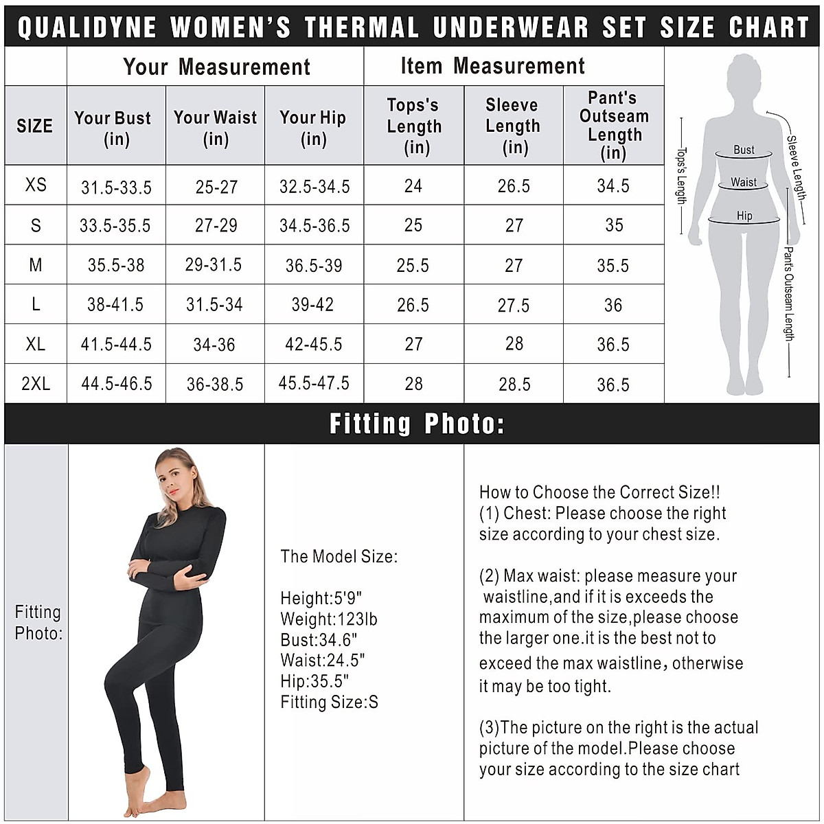 qualidyne Women’s Thermal Underwear Ultra-Soft Base Layer Long Johns Set Winter Sports Top and Bottom Suits Black