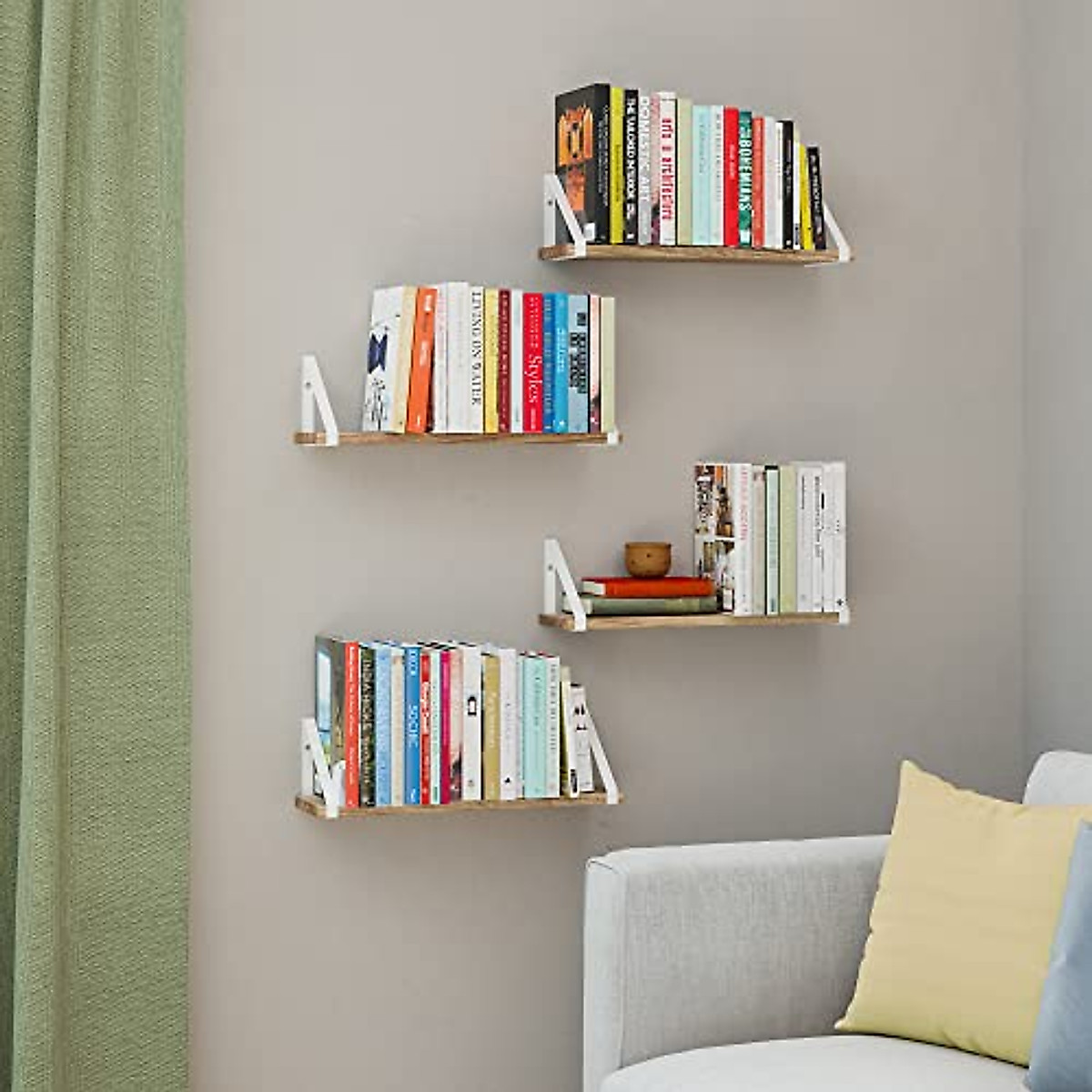 Wallniture Ponza Wood Floating Shelves for Wall Storage Shelves for Living Room Decor, Wall Bookshelves Set of 4 White Shelf Brackets, Burnt Finish