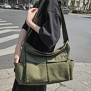 PRAGARI Canvas Messenger Bag Crossbody for Women Green Shoulder Aesthetic Laptop Tote Bag Hobo Large Cute School Travel Vintage Multiple Pockets