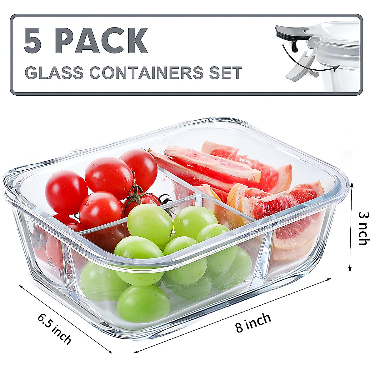 VERONES 5 Pack Glass Meal Prep Containers 3 Compartment Set, 36OZ Airtight Glass Lunch Containers, Glass Food Storage Containers with Lids, for Microwave, Oven, Freezer & Dishwasher Friendly,Grey