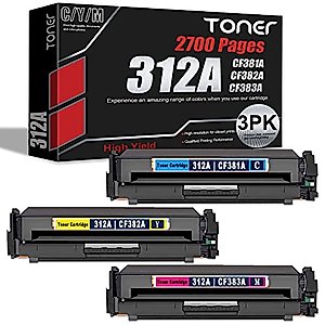 3 Pack (1Cyan+1Yellow+1Magenta) Remanufactured 312A CF381A 312A | CF382A CF383A Toner Cartridge Compatible Replacement for HP Color Color Pro MFP M476dw CF387A M476dn Printer Ink Cartridge.
