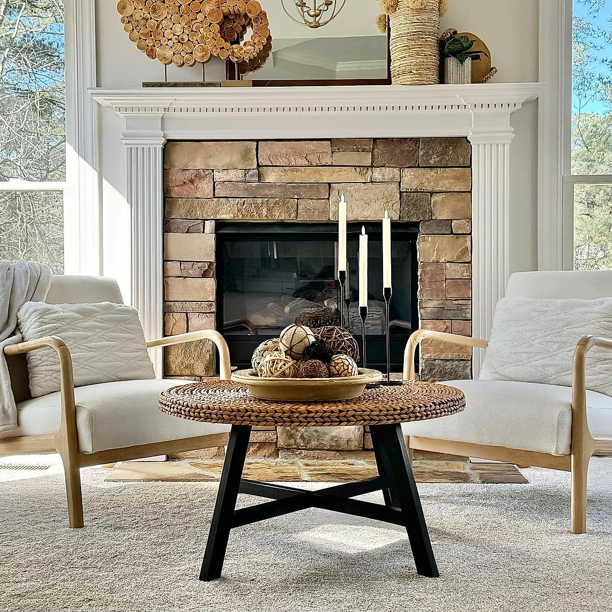 RANDEFURN Round Coffee Table, Seagrass Coffee Solid Pine Wood X Base Frame Cocktail Table, Easy Assembled, Multiple Sizes for Living Room, 32 x 17 Inches,Gold