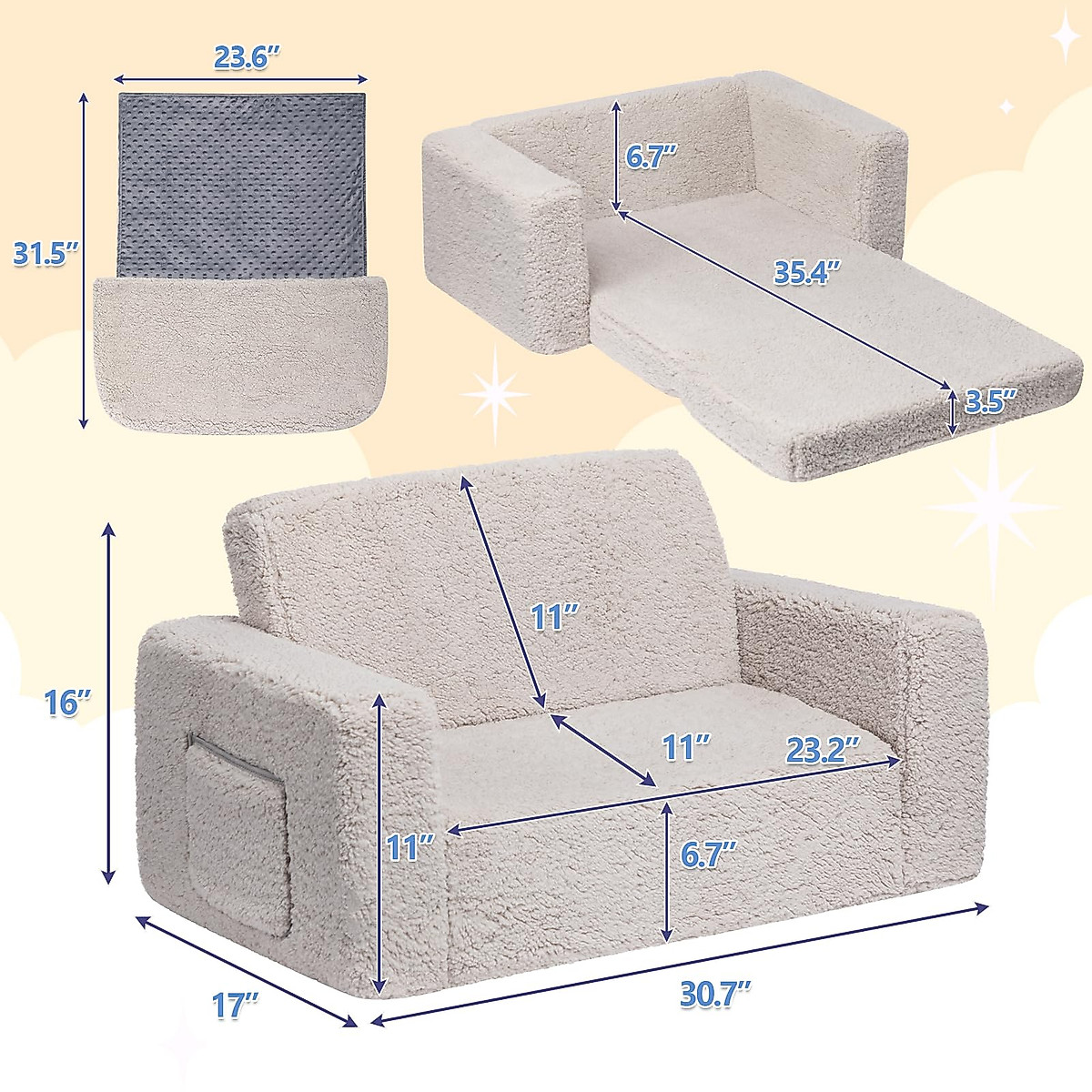ALIMORDEN Fold Out Toddler Couch, Extra Wide Comfy 2-in-1 Cuddly Sherpa Sofa for Kids, with Removable Baby Friendly Blanket, Convertible Sofa to Bed, Light Grey