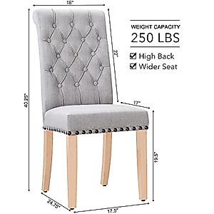 FOREDO Classic Collection Linen Dining Chairs Set of 2, Solid Wood Legs Copper Nails Chair, Light Grey