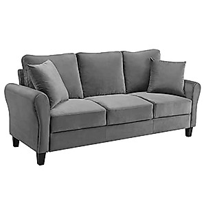 PEIHONGET 78.35" Mid-Century Modern Living Room Sofa 3 Seater Velvet Sofa Couch with 2 Pillows Armrest and Wood Legs for Bedroom, Apartment, Dorm, Office (Gray)