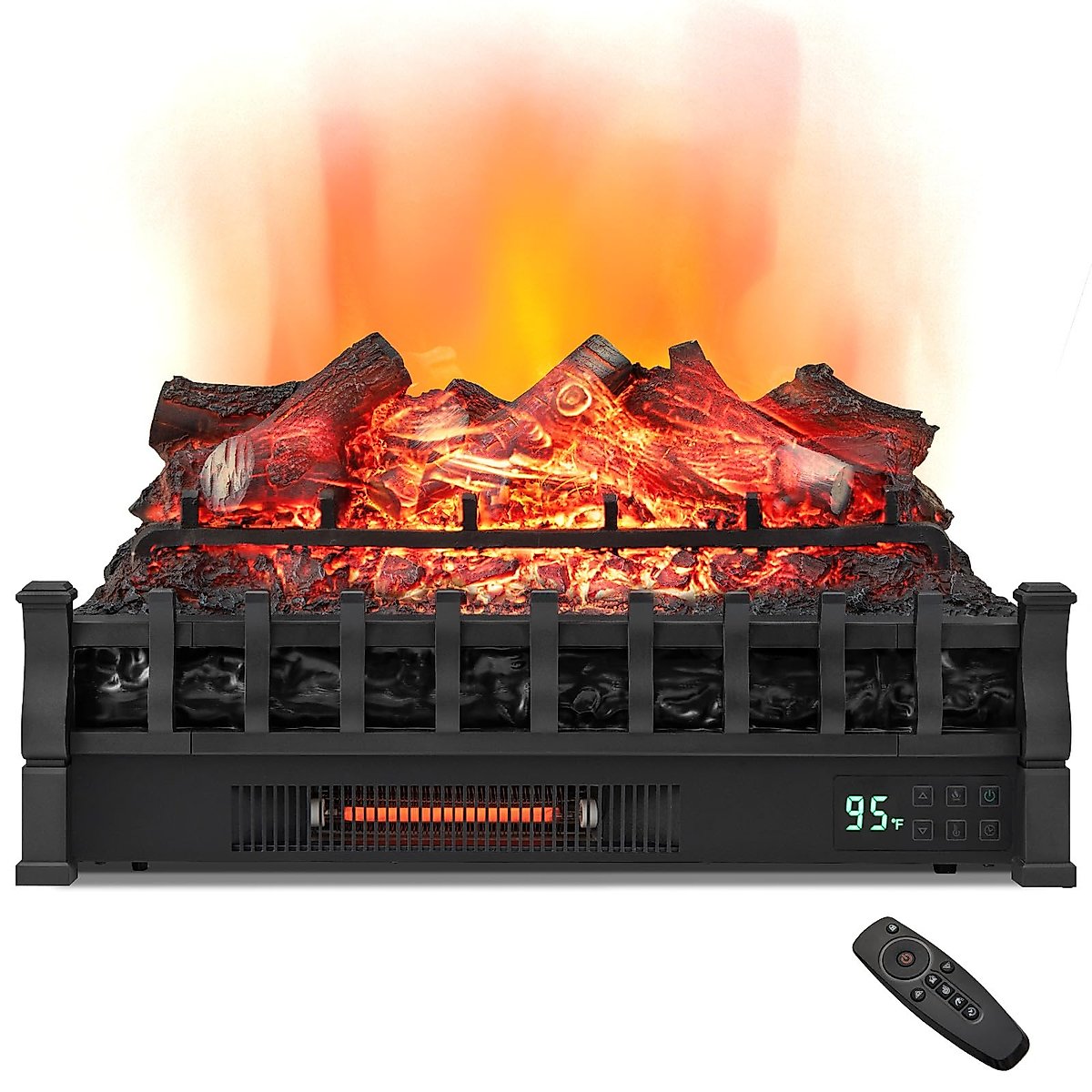 Tangkula 26” Electric Fireplace Log Set Heater with Remote, 5 Flame Modes & Brightness, Thermostat Control, 8H Timer, Realistic Lemonwood Ember Bed, Infrared Quartz Electric Fireplace Insert, 1500W