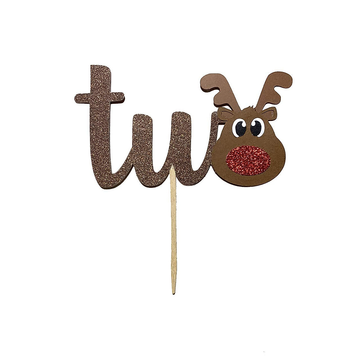 1 pc two Rudolph the Reindeer Deer antler christmas winter wonderland brown Glitter Cake Topper for second Birthday boy girl