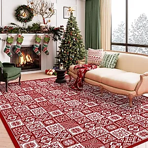 WondRg Christmas Area Rug 8x10 Red Snowflake Checkered Decorative Living Room Bedroom Throw Rug Washable Non Slip Soft Low Pile Large Carpet for Kitchen Entryway Dining Room Home Decor