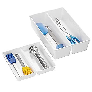 mDesign Plastic Stackable Kitchen Storage Drawer Organizer Bin with 2-Tier Tray for Cabinet, Pantry, Drawer, Refrigerator, Freezer - Hold Utensils, Flatware, Appliances - Ligne Collection - White