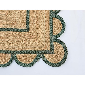 The Weaver House Natural Scalloped Jute Area Rug Bohemian Scallop Boho Decor Area Handwoven Custom Rugs Decorative Rug Reversible Braided Rugs (BD6-6x9-GRN)