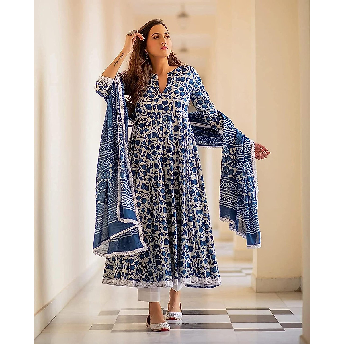 NANNUDECO Cotton Kurtis For Women Blue Anarkali Kurta With Palazzo Dupatta set (M)