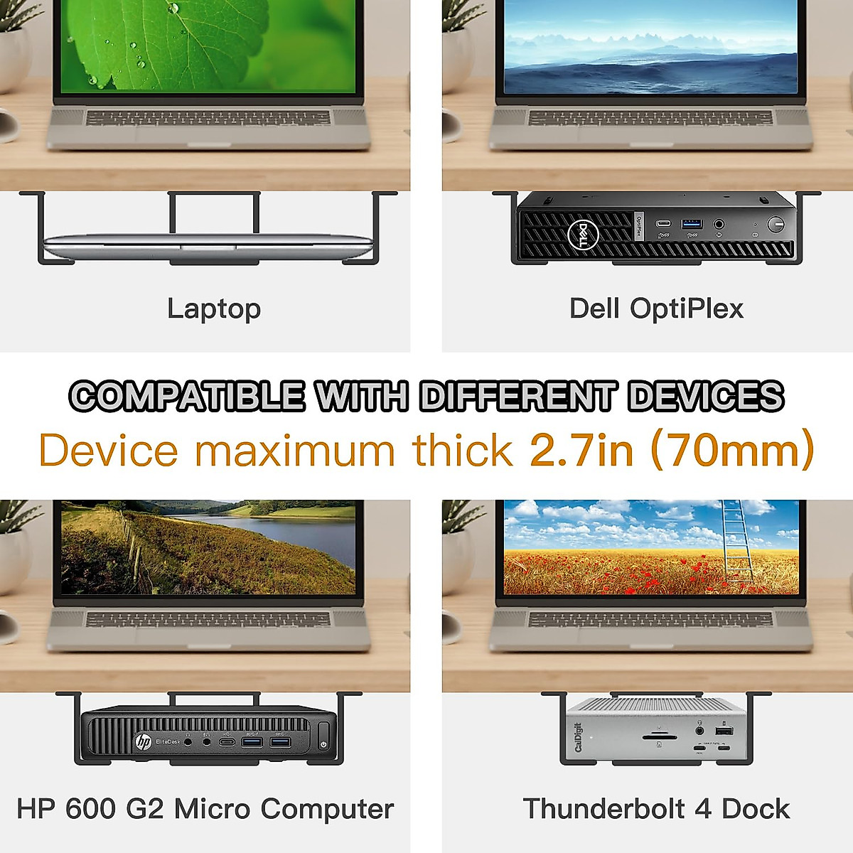 Under Desk Laptop Mount, Under Desk Shelf Bracket Compatible with Devices Tall Maximum 2.7”, Aluminum Under Desk Laptop Holder Stand Tray for Laptop, MacBook, Keyboard, Modem, Playstation 4 & More