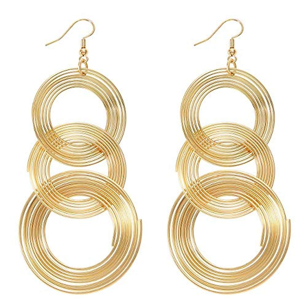 Women Gold Plated Long 70s Disco Earrings hoop round 3 circles Multi-layer drop big alloy geometric party wear Earring (disco earrings Gold)