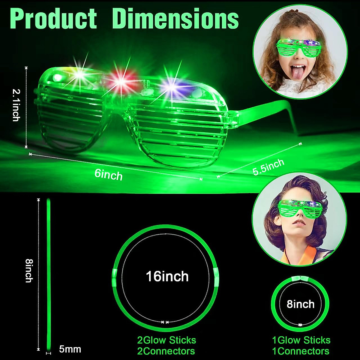 YOFOBU 115 PCS Glow in the Dark Party Supplies,100PCS Green Glow Stick Necklaces Bracelets Bulk,15PCS July 4th LED Glasses,LED Light Up Toy for Mother's Day July 4th Christmas Wedding Birthday