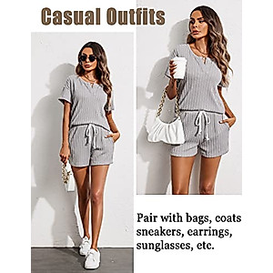 Ekouaer Ribbed Knit Lounge Sets for Women 2 Piece Outfits Short Sleeve Top and Shorts Pajama Sets Tracksuit Sweatsuits Grey