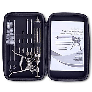 J&B Goods Professional Automatic BBQ Meat Marinade Injector Gun Kit with Case, 2 oz Large Capacity Barrel and 4 Commercial Grade Marinade Needles.