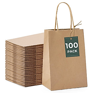 GSSUSA 100 Pack Paper Gift Bags 5.25x3.75x8'' Small Paper Bags with Handles Bulk, Brown Kraft Paper Bags for Small Business, Sturdy Grocery Retail Shopping Bags, Birthday Party Favor Bags, Craft Bags