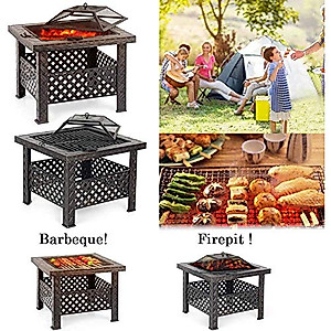 LEAYAN Garden Fire Pit Grill Bowl Grill Barbecue Rack Outdoor Fire Pit with BBQ Grill Shelf Metal Garden Fireplace Patio Firepit Stove Brazier Outdoor Fireplace BBQ Grill Poker,Outdoor Fire Pits