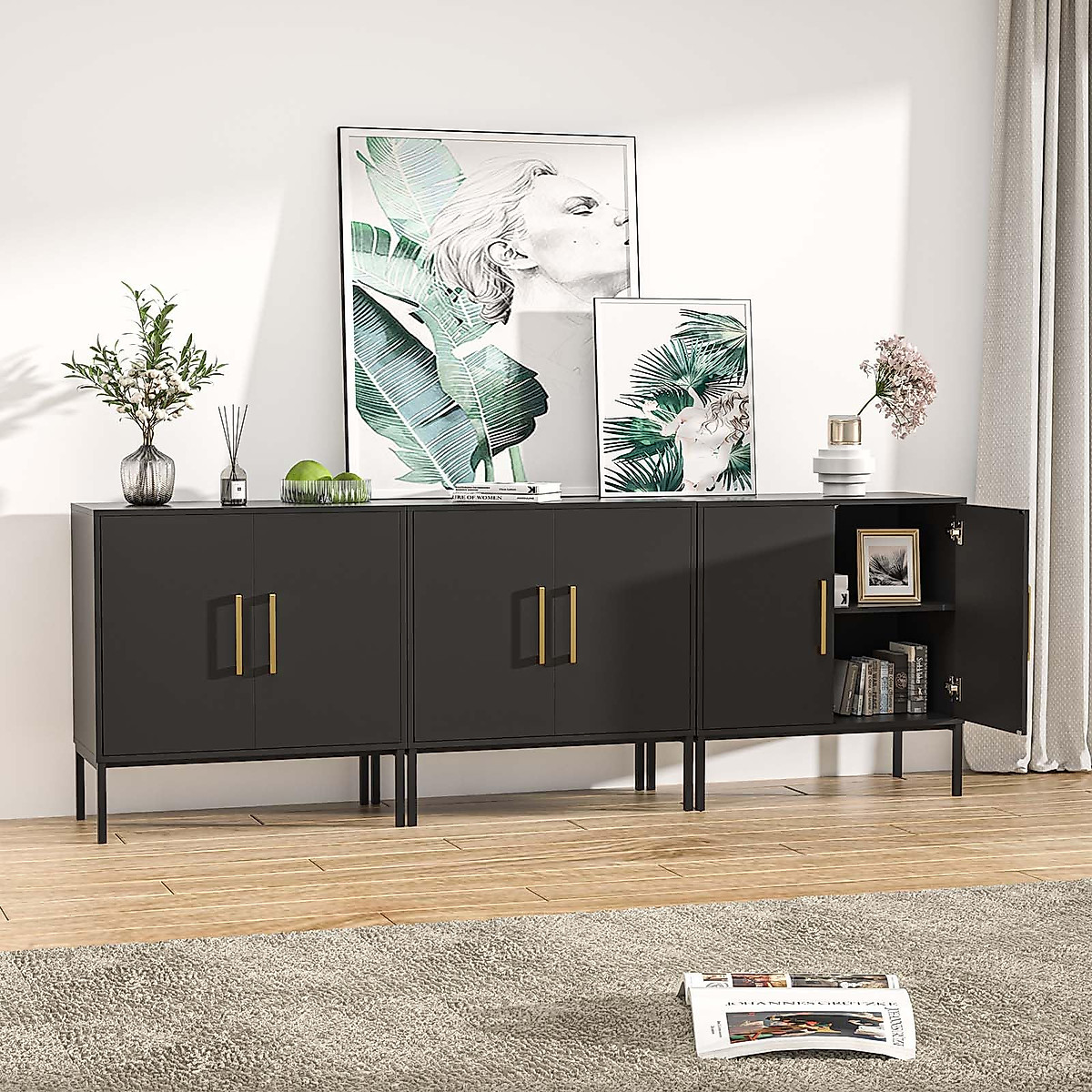 LYNSOM TV Stand for 85 Inch TV, Media Entertainment Center Console Table, 3 Cabinets, TV Console Table with Storage Cabinet for Bedroom, Living Room, Entertainment Room (Black)