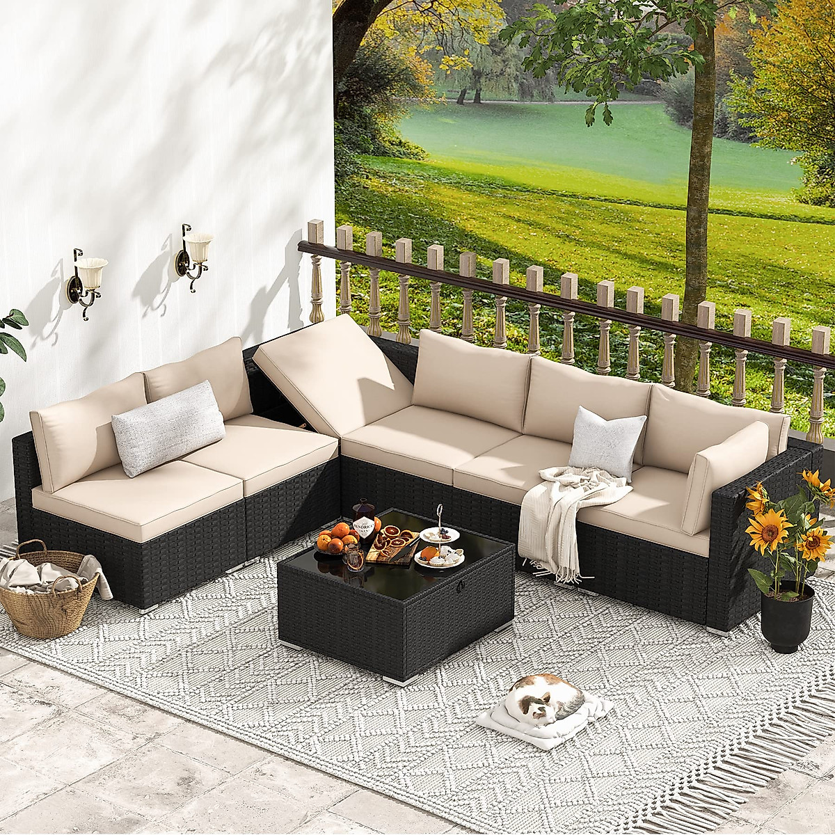 RYNSTO 7 Piece Patio Furniture Set with Adjustable Bracket Brown Rattan Wicker Patio Conversation Sets Sectional Sofa Set with Table and Cushions for Porch Lawn Garden, Beige