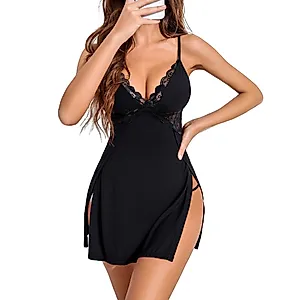 Avidlove Sexy Nightgowns for Women Lace Chemise Lingerie Full Slip Low Back Sleepwear Dress Black