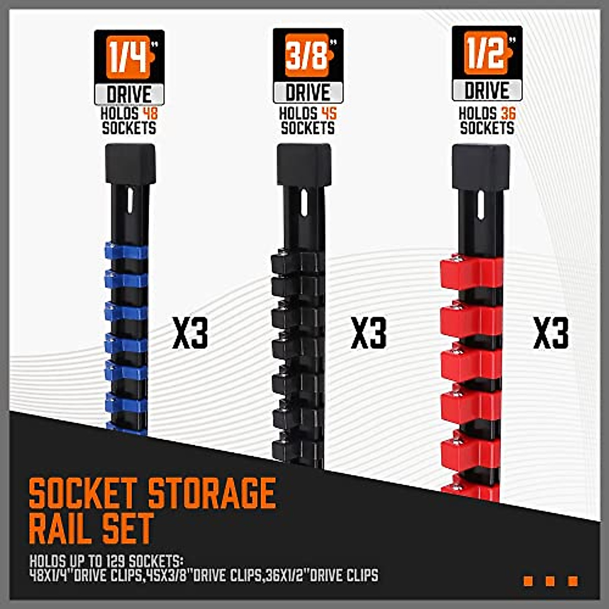 HORUSDY 9PC ABS Socket Organizer, 1/4-Inch x 38 Clips, 3/8-Inch x 45 Clips, 1/2-Inch x 36 Clips, Premium Quality Socket Holders