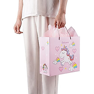 Lyforpyton Large Gift Bags with Tissue Paper 12"x4.7"x10.6" Pink Unicorn Gift Bags for Kids Birthday Party, Baby Shower