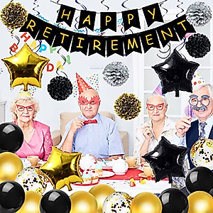 Retirement Party Decorations - Retirement Party Supplies with Happy Retirement Banner Latex Balloons Retired Sash Paper Pom Poms Hanging Swirls Foil Balloons for Women and Men (Black Gold)