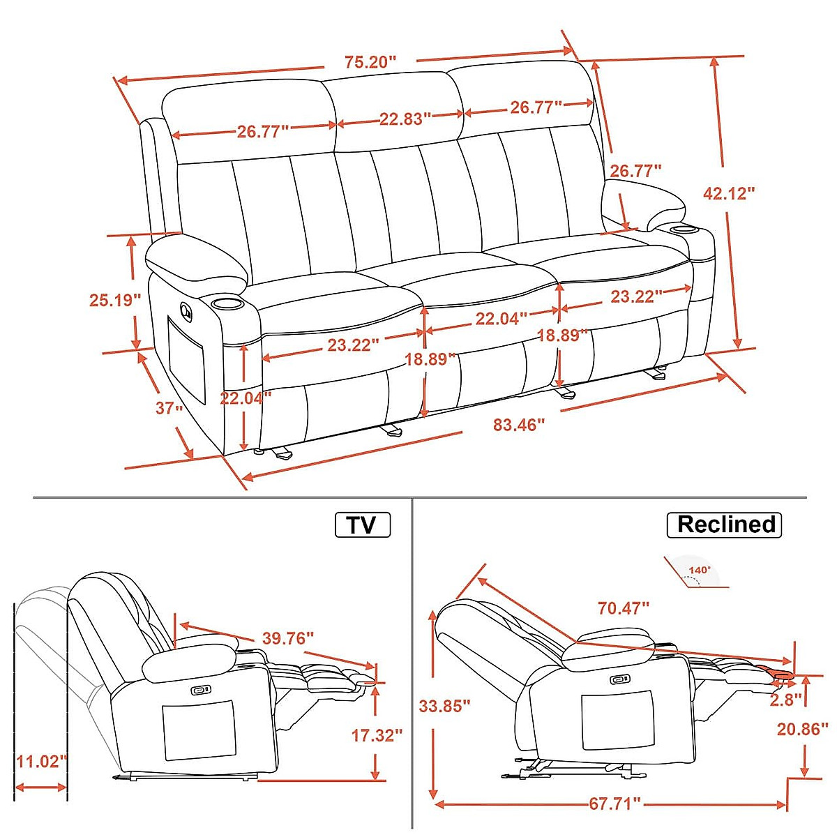 MCombo Power Reclining Sofa with Heat and Vibration,USB Ports, Cup Holders,3-Seat Dual Recliner Sofa for Living Room 6077(Black, Reclining Sofa)