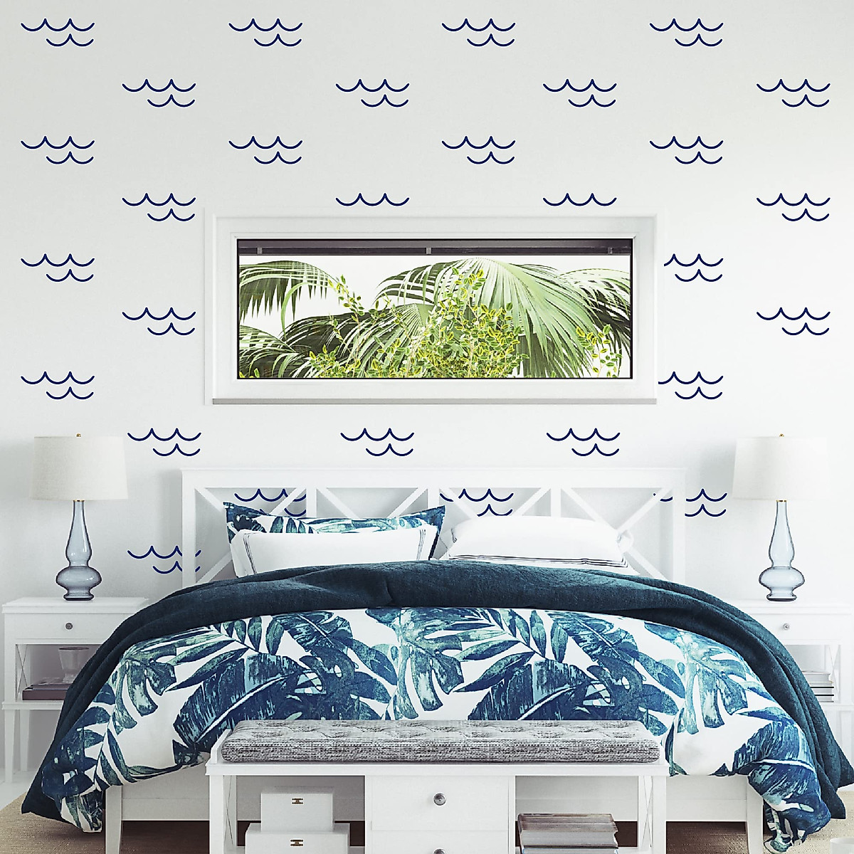 A Room with Dark Blue Wave Vinyl Wall Decals, Peel and Stick Ocean Beach Stickers for Nursery, Kids Bedroom Livingroom Home Wall Decor