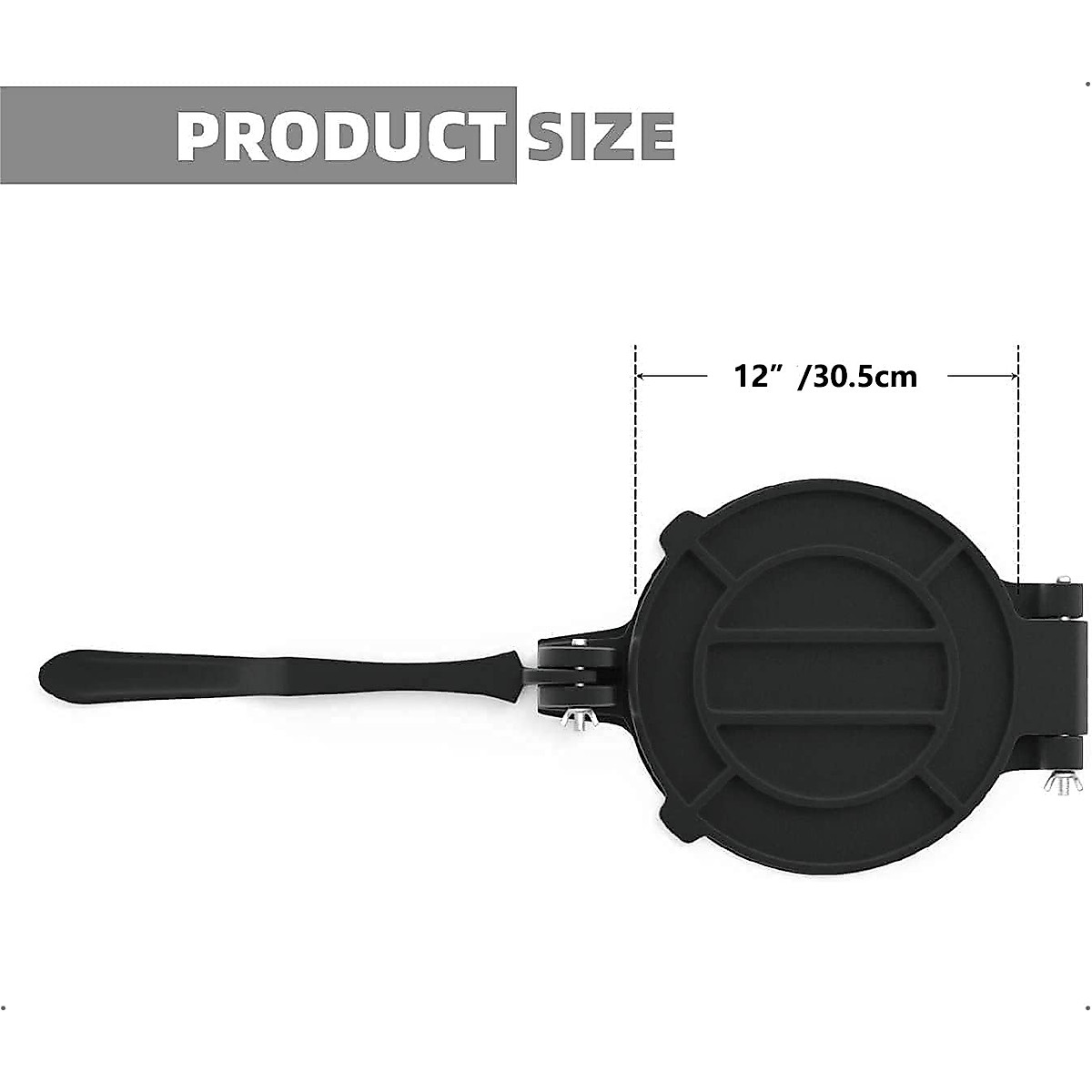 Cast Iron Tortilla Press, Heavy Duty Tortilla Pataconera, 12-inch Flour Tortilla Press with Foldable Handle, Taco press with Some Parchment Paper, Roti Maker, Black