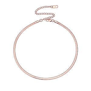 FOCALOOK Rose Gold Plated Flat Snake Chain Necklace Herringbone Necklace Pink Choker Necklaces for Women 3MM(W) 12.5+3.5"(L)