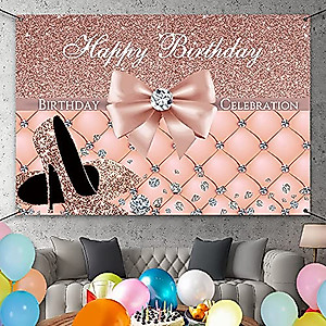 AWERT Polyester 6x3.6ft Happy Birthday Banner Glitter High Heels Diamonds Bowknot Rose Gold Sign Poster for Birthday Backdrop for Women Girls Birthday Party Decorations Banner