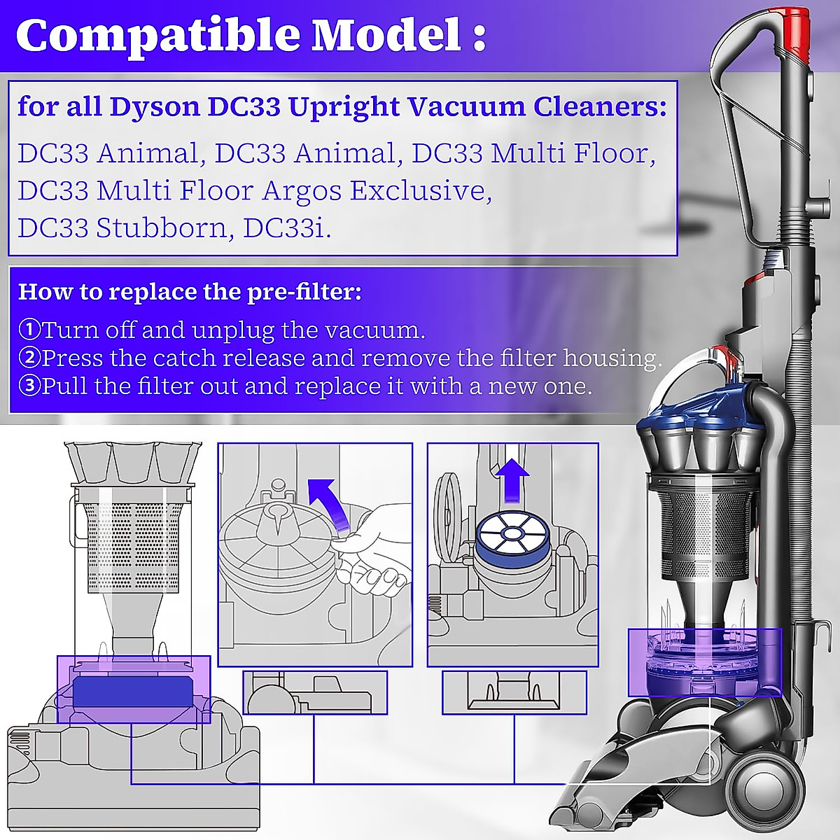 HASMX DC33 Post Motor HEPA Exhaust Filter Replacement for Dyson DC33 Upright Vacuum Cleaners, Replaces Part Numbers: 921616-01, 92161601 Round (1-Pack)