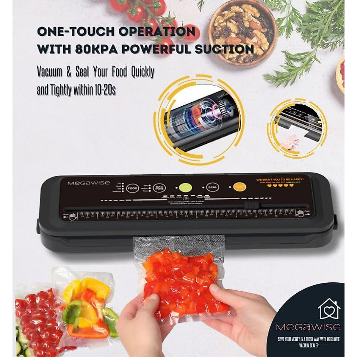 2023 Model B Megawise Powerful & Compact Vacuum Sealer Machine One-Touch Automatic Food Sealer 4 Food Types (Cold Wet Moist Dry) & 3 Bag types (Thick Medium Thin）OMNI MACHINE (Black)