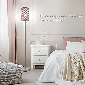 Crystal Floor Lamp for Bedroom, Silver Floor Lamp with Pink Shade, Girls Floor Lamp with On/Off Foot Switch, Elegant Standing Light Tall Pole Lamp for Living Room, Dresser, Office (E26 Base)