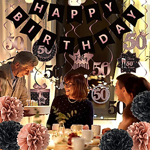 BRT Bearingshui Happy 50th Birthday Hanging Swirls Streamers Decoration Set, Happy Birthday Banner with Tissue Pompoms, Rose Gold and Black 50 Years Old Birthday Party Hanging Backdrop Decorations