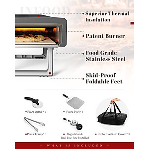 INFOOD Propane Pizza Oven, Silver Pizza Oven Outdoor, Portable Gas Ovens, Outdoor Kitchen, Accessories with Pizza Stone, Pizza Cutter, Storage Bag, for Picnic, BBQ and Party