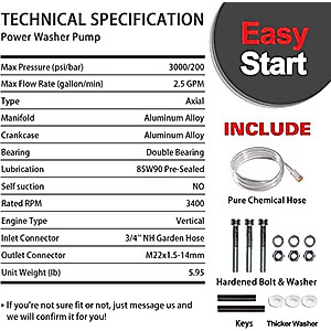 YAMATIC 7/8" Shaft Vertical Pressure Washer Pump 3000 PSI @ 2.5 GPM Replacement Pump for Power Washer Compatible with 308653045, 308653093, 308653052, 308653078, GCV190 Rear Inlet/Outlet