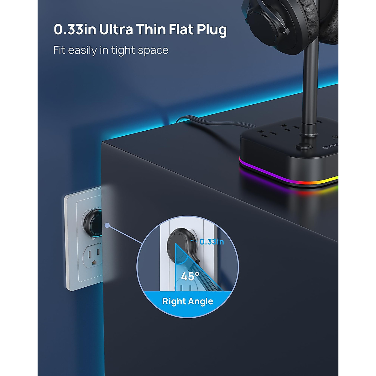 TROND Headphone Stand with USB C, Desk Gaming Headset Holder with 3 AC Outlets, 2 USB A and 1 USB C, Headset Stand with 5 RGB Light Modes, for Gaming Desk Accessories Gamer Boyfriend Gifts